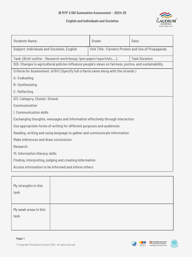 IBMYP IDU Summative Asssessment 2024-25 | PDF | Learning | Communication