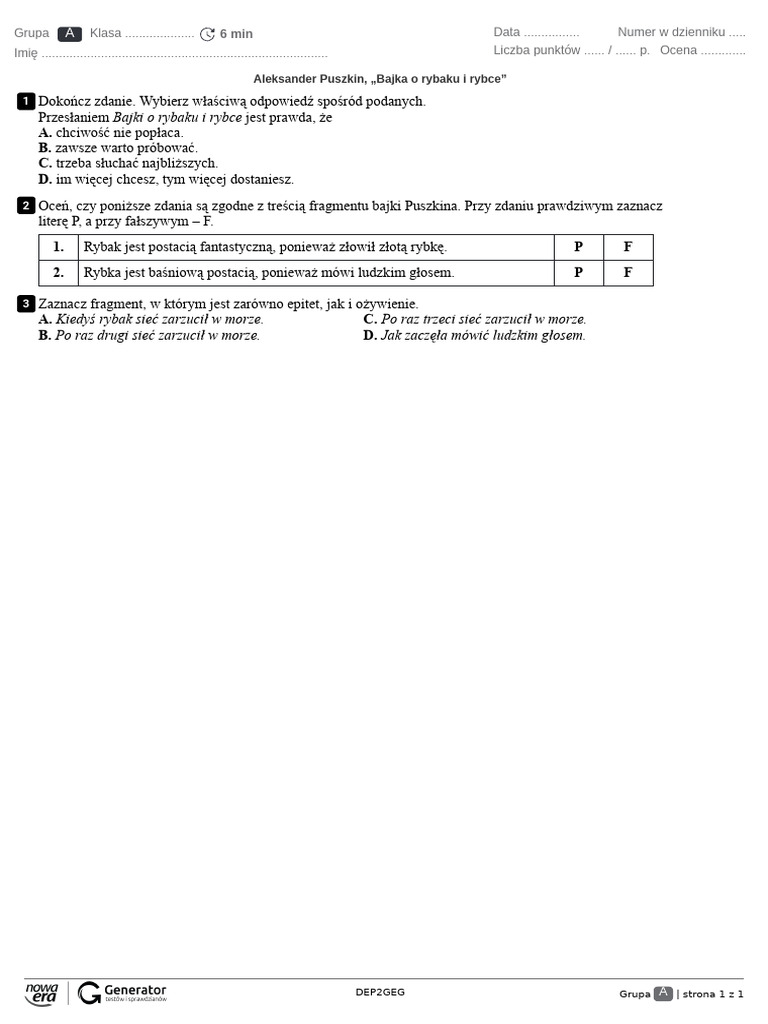 Aleksander Puszkin, Bajka o Rybaku I Rybce" Test (Bez Widocznej ...