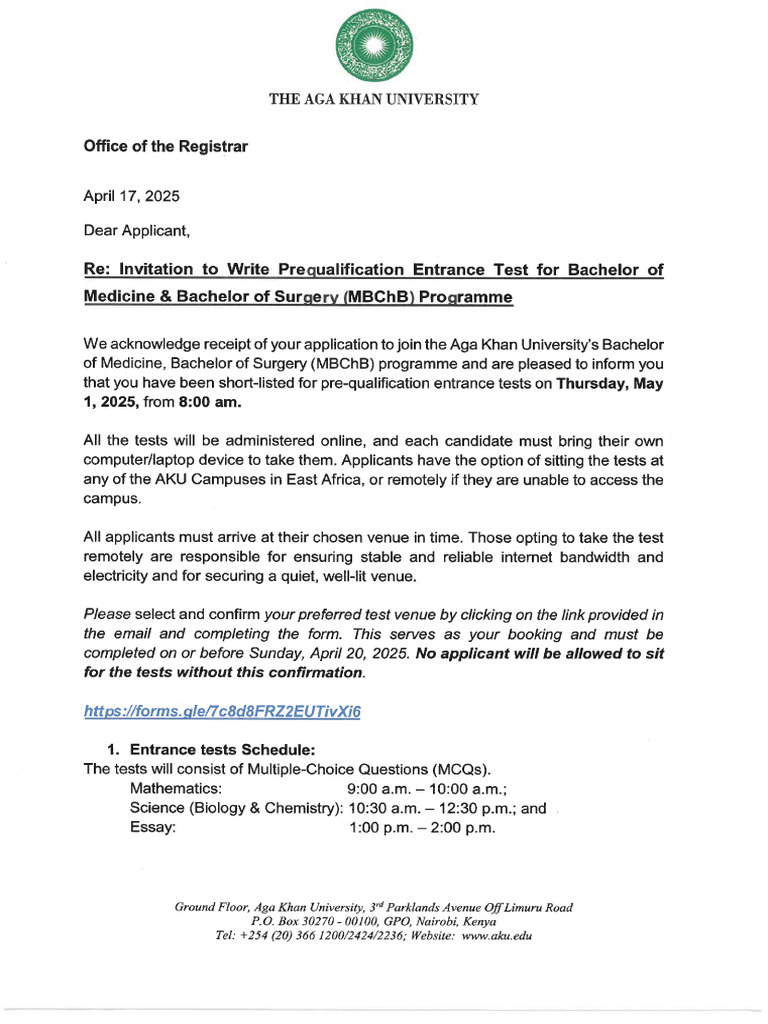 MBCHB Invitation Letter - 2025 Admissions | PDF