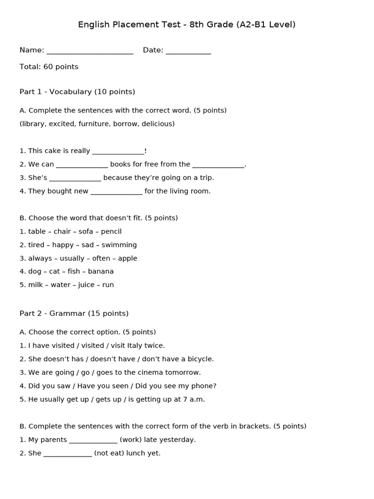A2-B1 English Placement Test 8th Grade | PDF | Linguistics