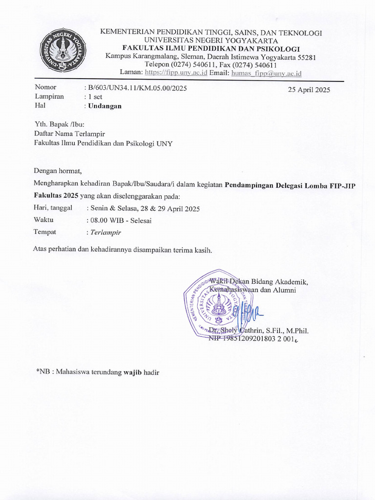 603 Undangan Pendampingan Delegasi Lomba FIP-JIP Fakultas 2025-2 | PDF