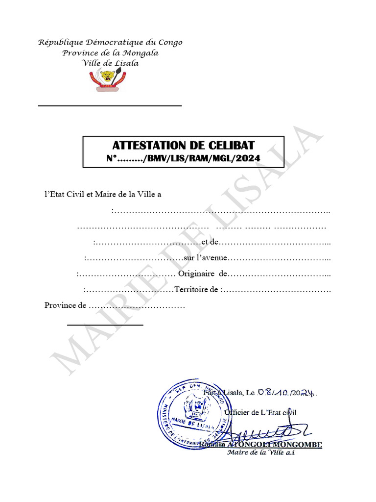 Attestation de célibat RDC 2024 | PDF