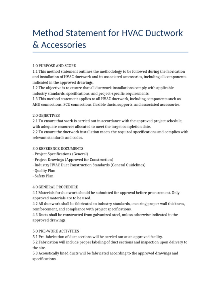 Method Statement HVAC Ductwork | PDF | Duct (Flow) | Specification ...