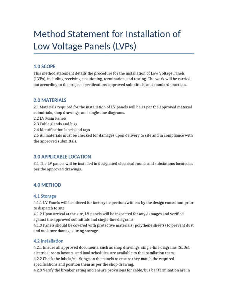 Method Statement LV Panel Installation | PDF | Specification (Technical Standard) | Electric Power