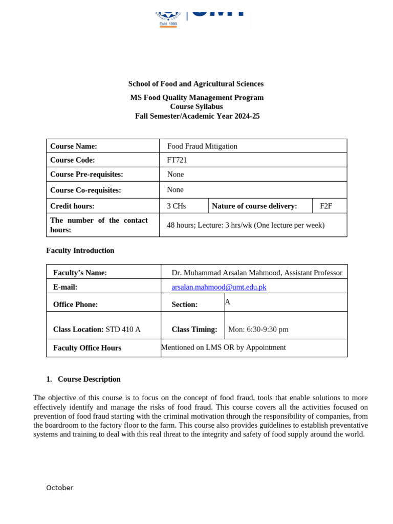 FT 721 Food Fraud Mitigation S2025 | PDF | Academic Dishonesty ...