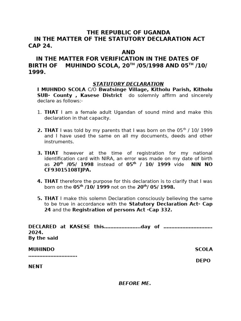 STATUTORY DECLARATION SCOLA by Kule Tadeous Muthabali | PDF