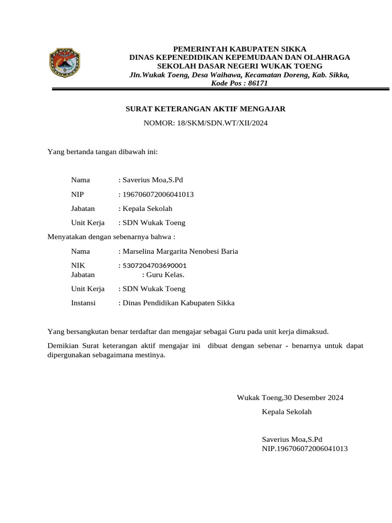 Surat Keterangan Aktif Mengajar Di Sekolah Pdf