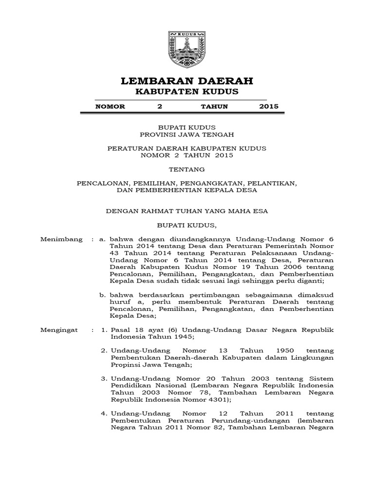 Perda 2 Ttg. Pencalonan, Pemilihan, Pengangkatan, Pelantikan Kepala Desa | PDF