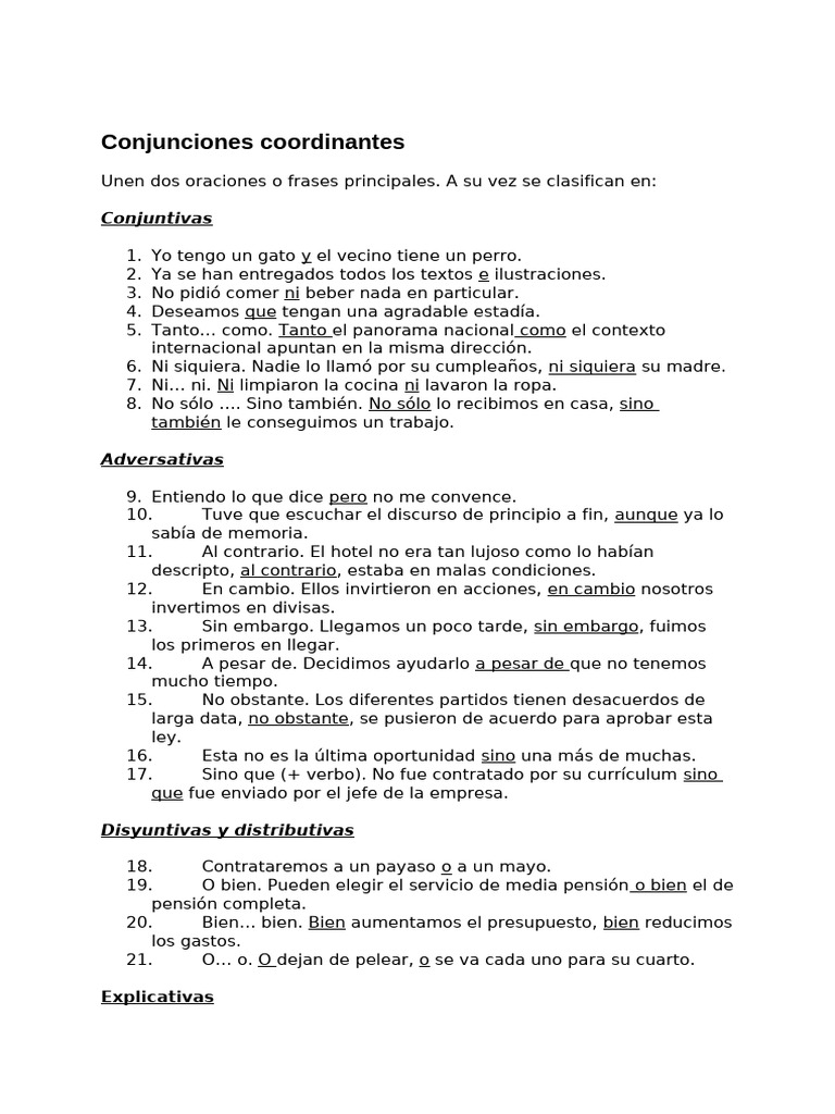 Ejemplos de conjunciones coordinantes | PDF | Unidades Semánticas ...