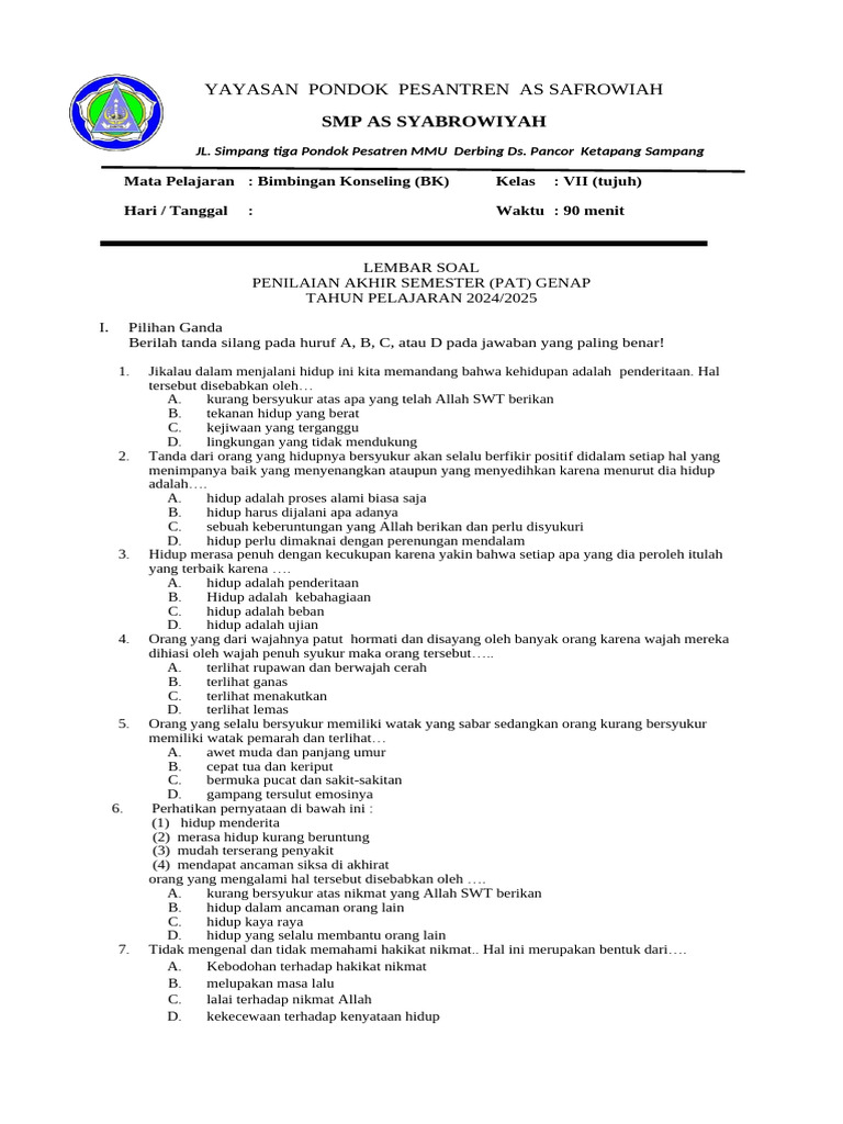 Soal PAT BK Kelas VII | PDF
