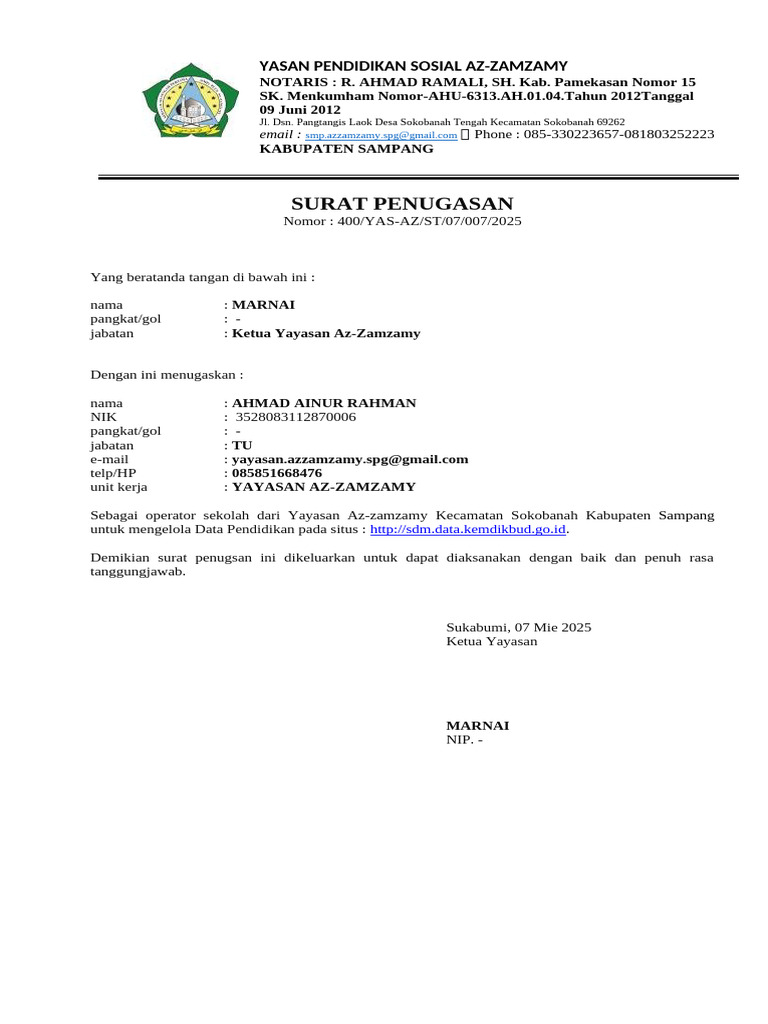 270754587-Contoh-Surat-Penugasan-Operator-Sekolah | PDF