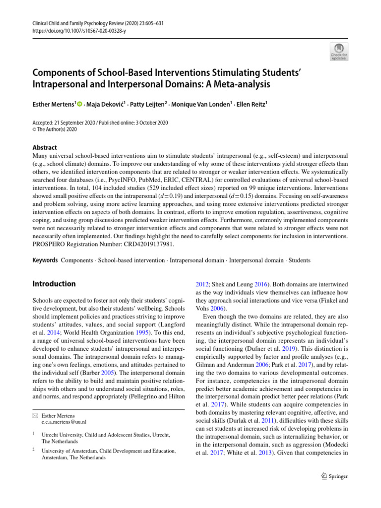Components of School Based Interventions Stimulating Students' Intrapersonal and Interpersonal ...