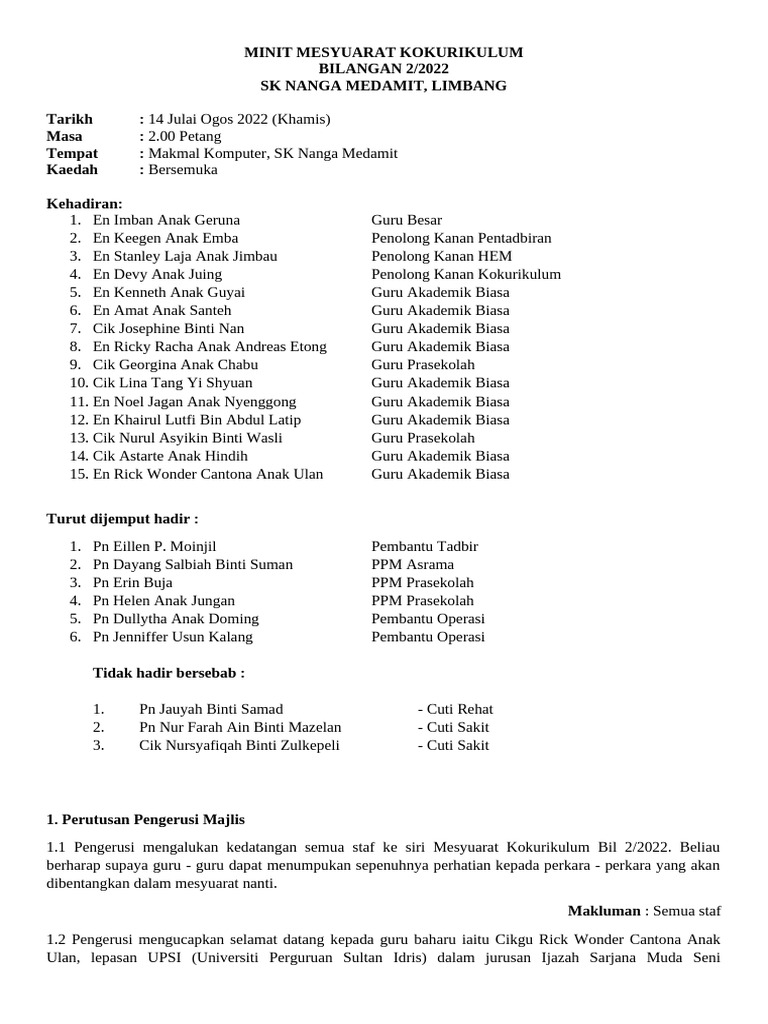 Minit Mesyuarat Kokurikulum Bil 2 2022 | PDF