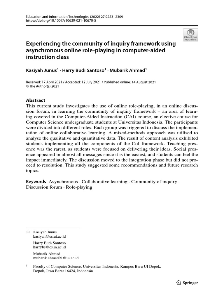 Experiencing The Community of Inquiry Framework Using Asynchronous Online Role-Playing in ...