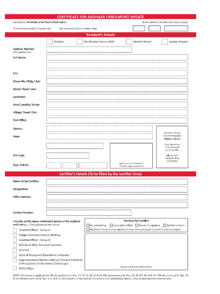Certificate For Aadhar Enrollment - Update | PDF