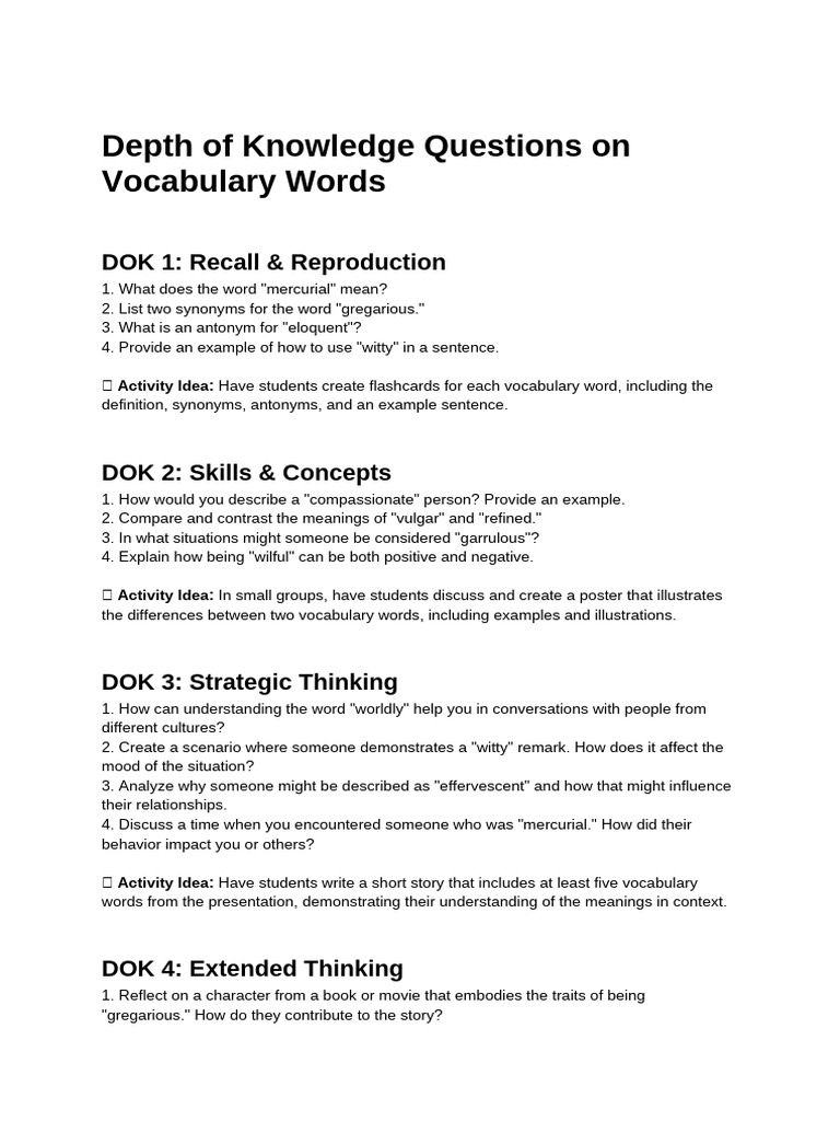 DOK Vocabulary Questions and Activities | PDF
