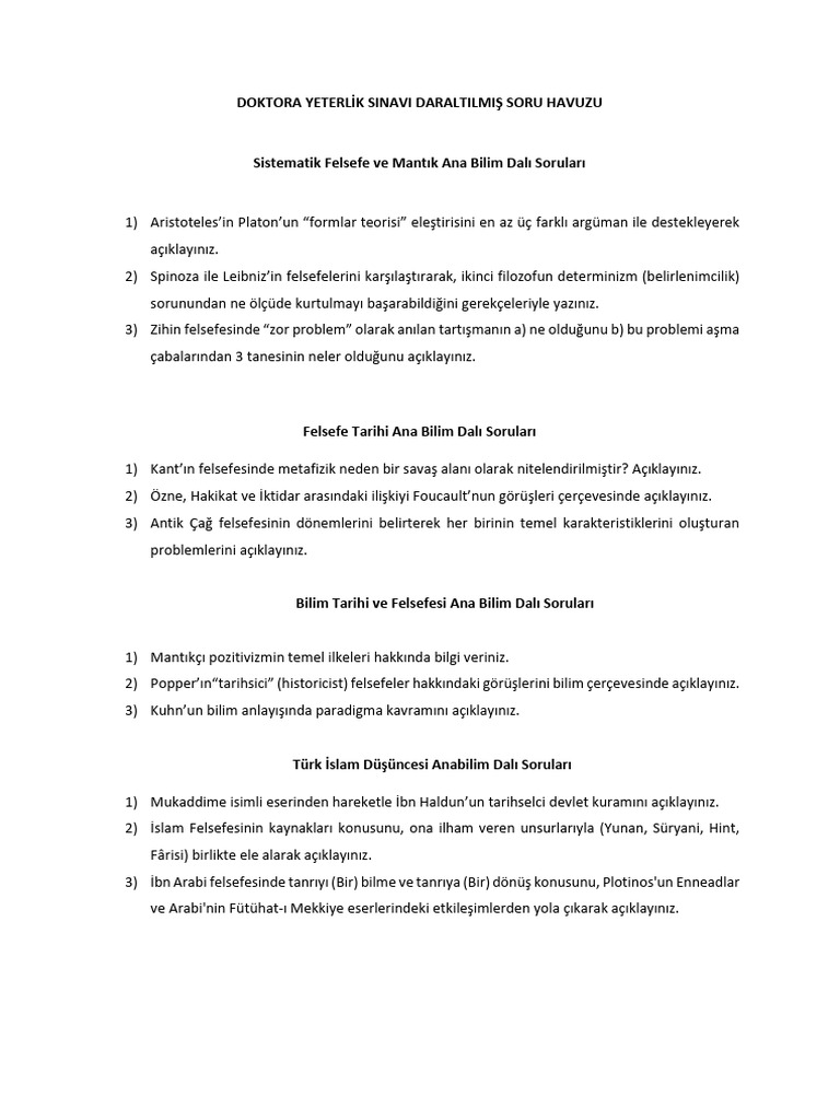 Daraltılmış Doktora Yeterlik Soru Havuzu | PDF