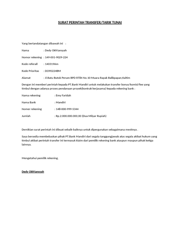 Surat Perintah Transfer Dedy Okfriansyah | PDF
