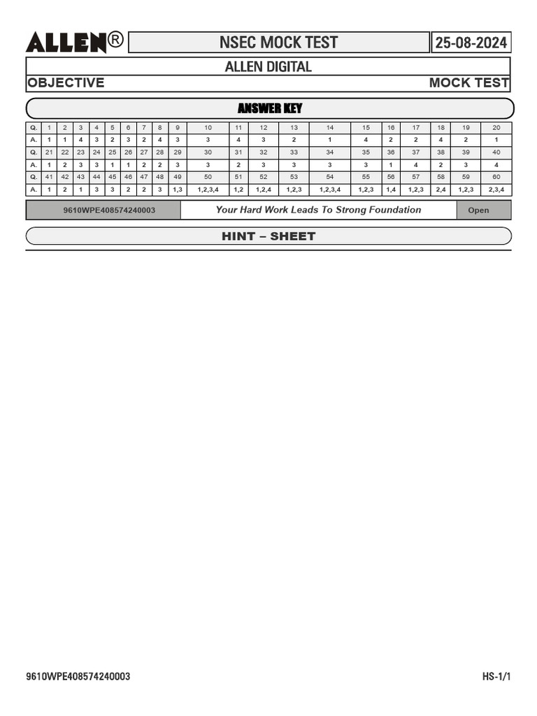 25-08_NSEC MOCK TEST 3_Workshop_Answer Key | PDF