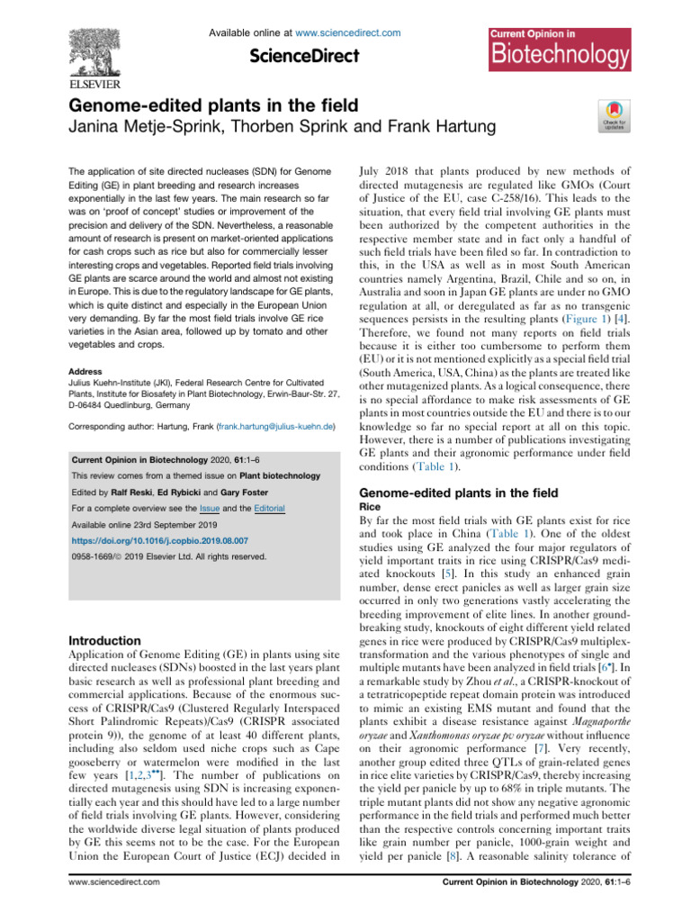 Genome Edited Plants in The Field 2020 Current Opinion in Biotechnology ...
