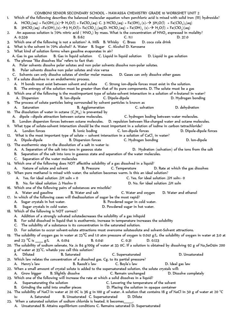 Chemistry Worksheet On Unit 2 Grade10 | PDF | Solvation | Solubility