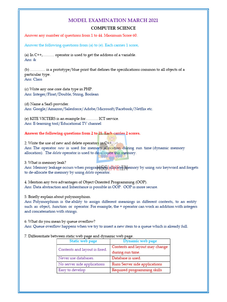 Hsslive Xii Model Exam March 2021 Un Off Answer Key Subair Comp Science | PDF | World Wide Web ...