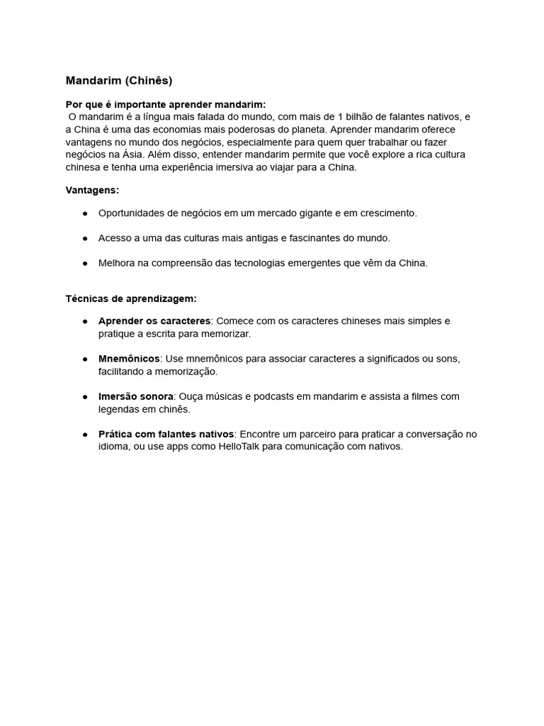 A Importancia de Aprender Mandarim | PDF