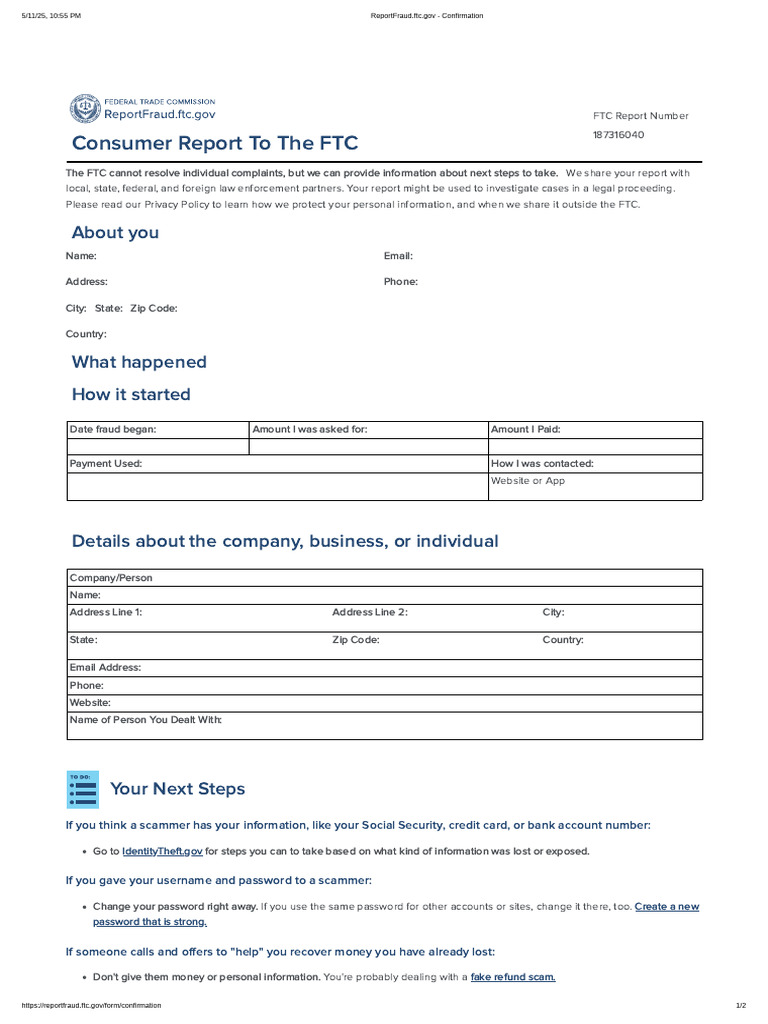 ReportFraud - Ftc.gov - Confirmationuui | PDF | Federal Trade Commission | American Government