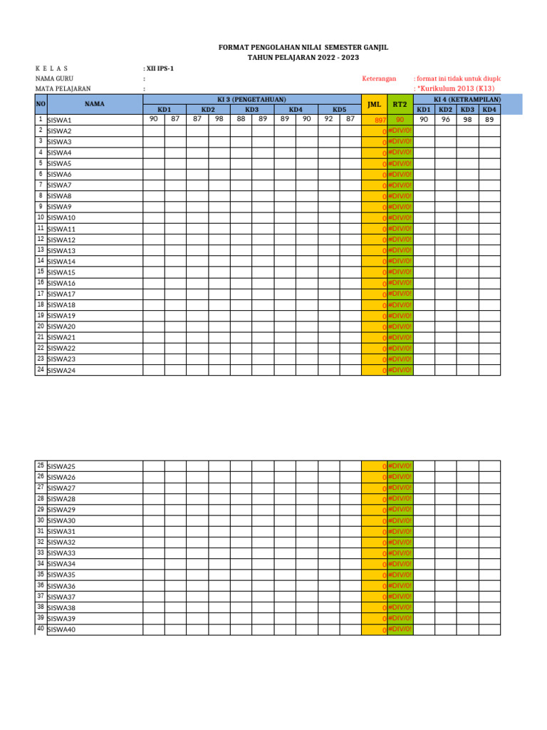 Format Pengolahan Nilai Rapor Ganjil Kelas 12 2022-2023 | PDF
