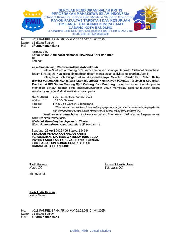 Permohonan Dana SPNK PMII Bandung | PDF