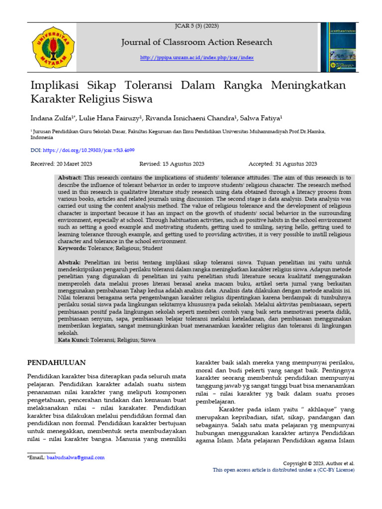 Toleransi dan Karakter Religius Siswa | PDF