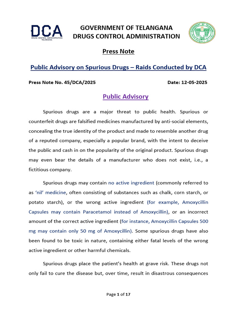 Press Note - 12-05-2025 - Spurious Drugs - Raids - Public Advisory ...