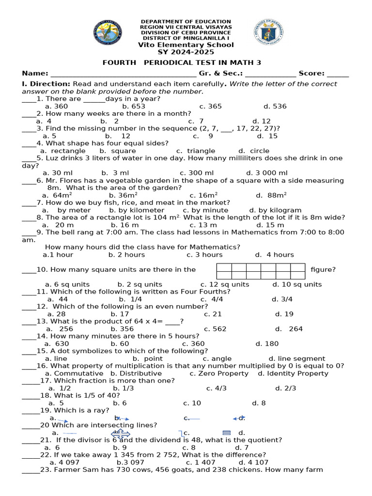 Math3 4th Periodical 22 23 | PDF | Division (Mathematics) | Arithmetic