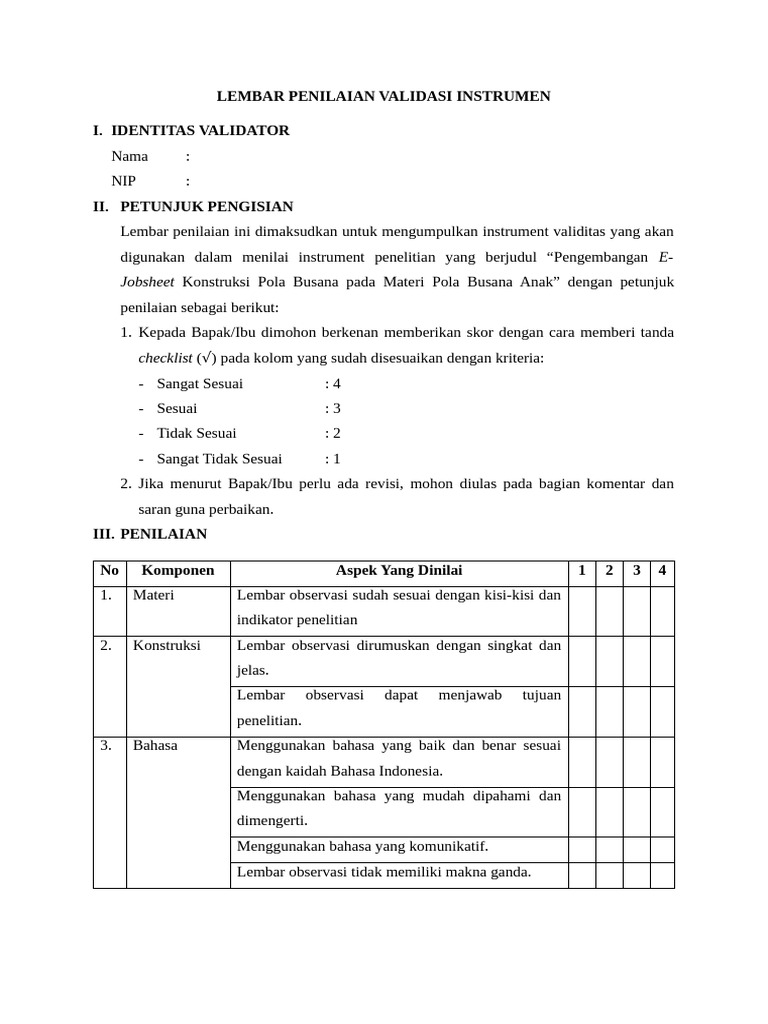LEMBAR PENILAIAN VALIDASI INSTRUMEN | PDF