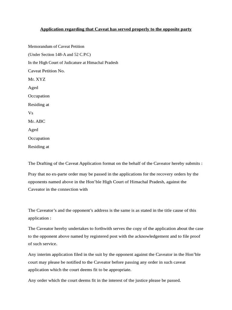 Application Regarding That Caveat Has Served Properly To The Opposite | PDF