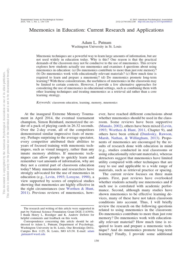 X Mnemonics in Education Current Research and Applications | PDF ...