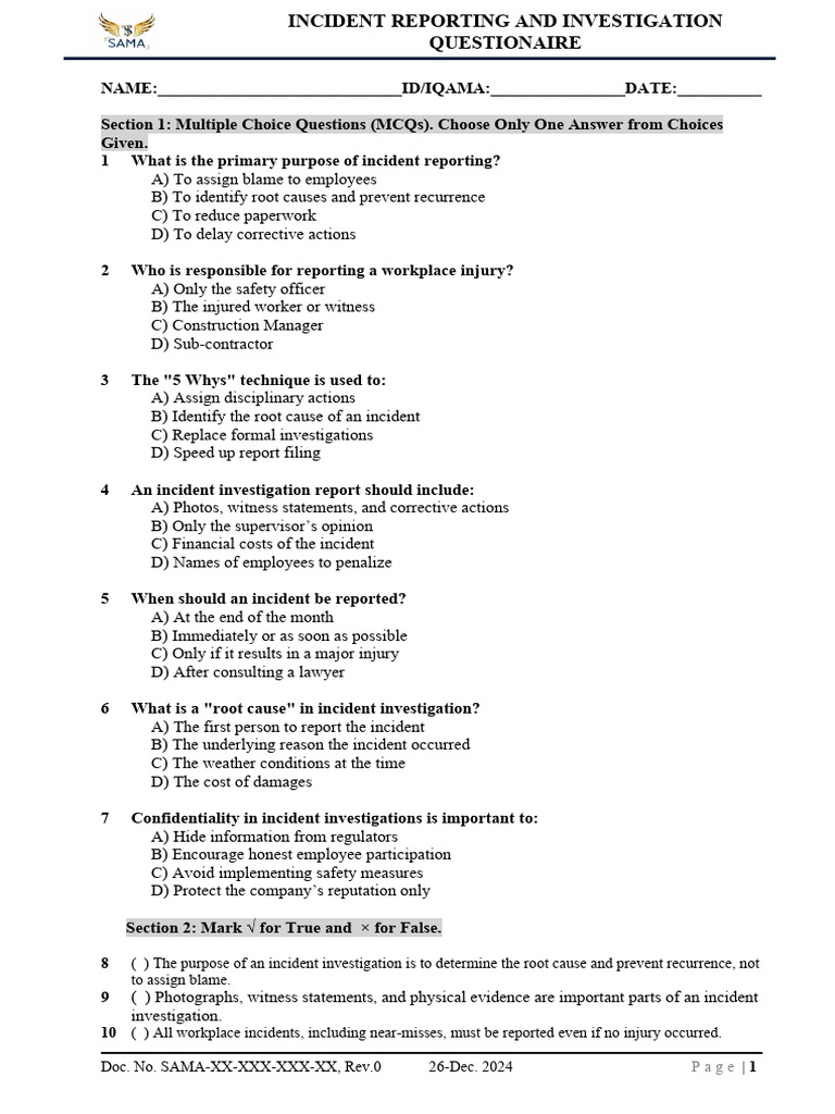Incident Reporting and Investigation-Questionaire | PDF