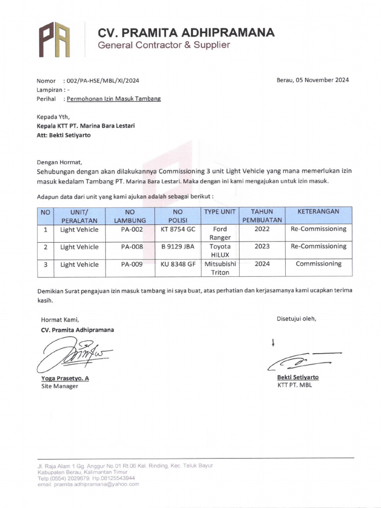 Surat Izin Masuk Tambang Dan Comisioning PA | PDF