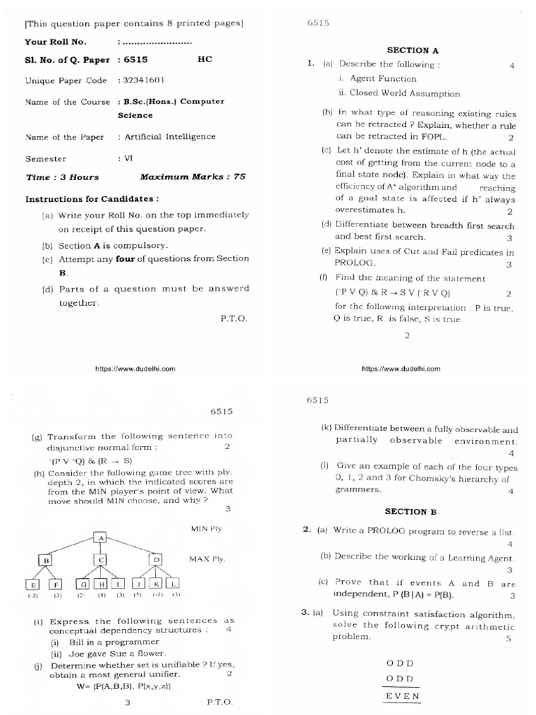 BSC 6 Sem Artificial Intelligence 6515 2019 | PDF
