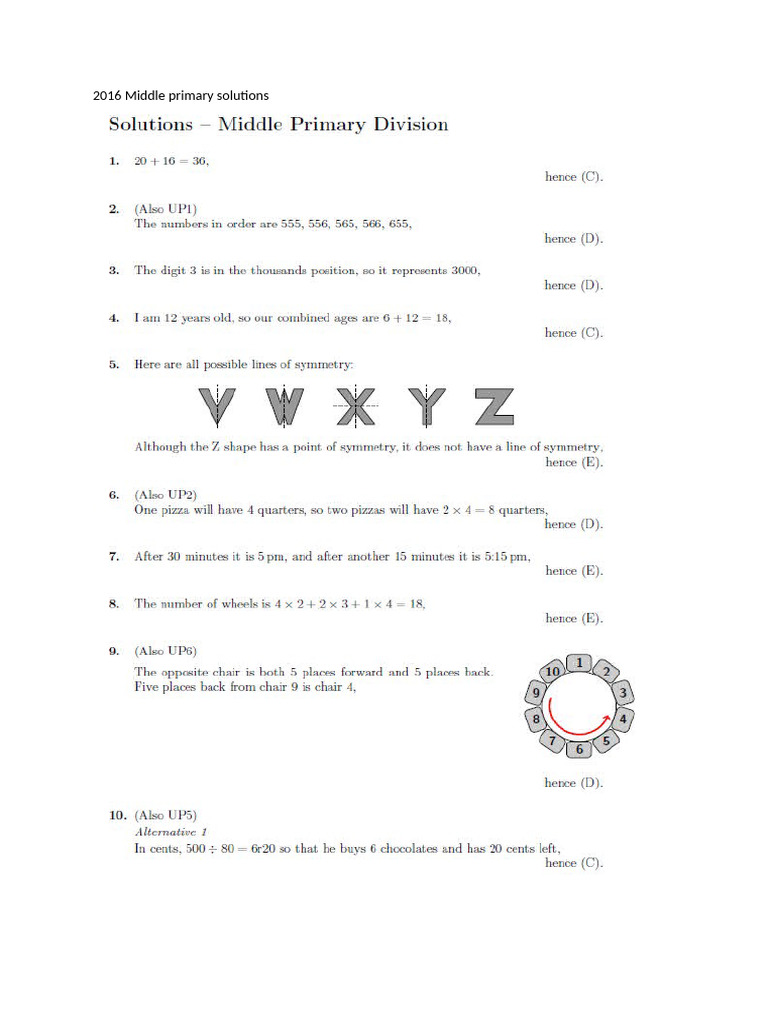 2016 Middle Primary Solutions | PDF