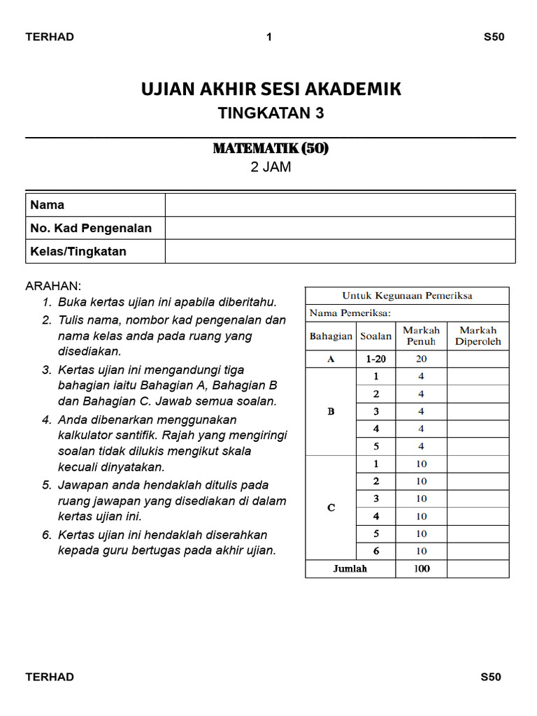 Peperiksaan UASA - MATH F3 | PDF