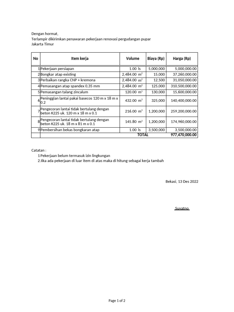 RAB Pekerjaan Renovasi Pergudangan Pupar | PDF