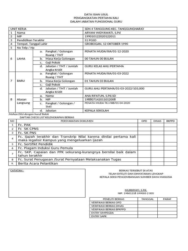 Ceklist Berkas KP Guru Jabfung Pertama | PDF