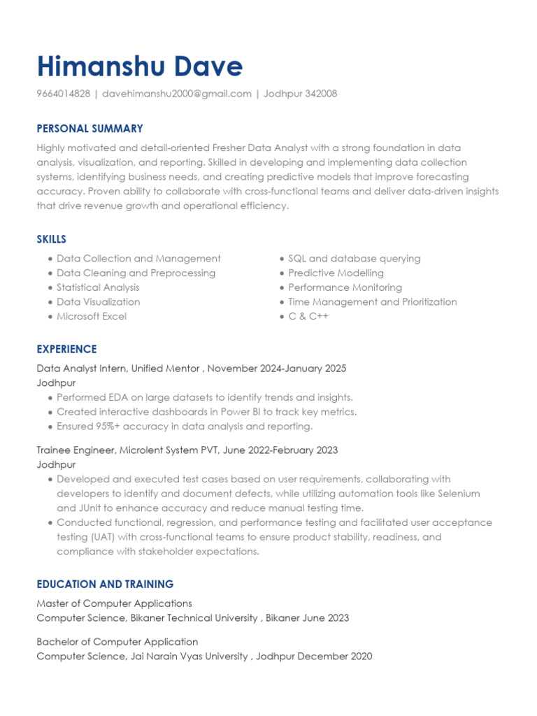 Himanshu Chandra Shekhar Dave CV | PDF | Analytics | Data Analysis