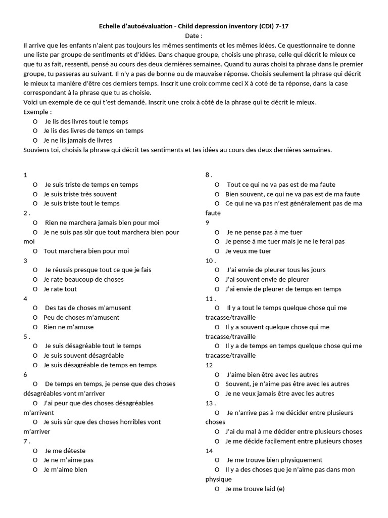 Questionnaire CDI sur la dépression enfantine | PDF
