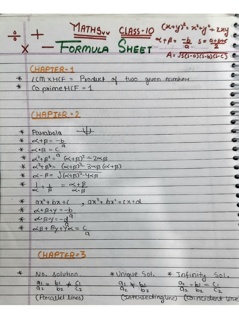 Class 10 Maths Formula Sheets | PDF