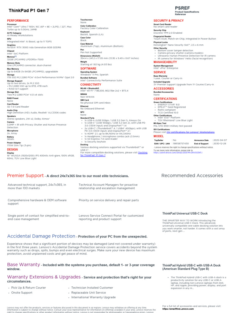 ThinkPad P1 Gen 7 Specifications Guide | PDF | Usb | Computer Architecture