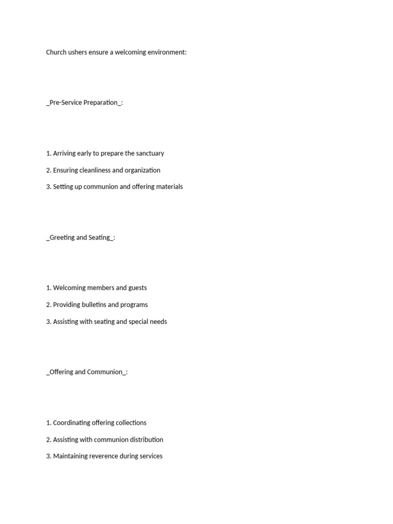 Church Usher Duties and Responsibilities | PDF