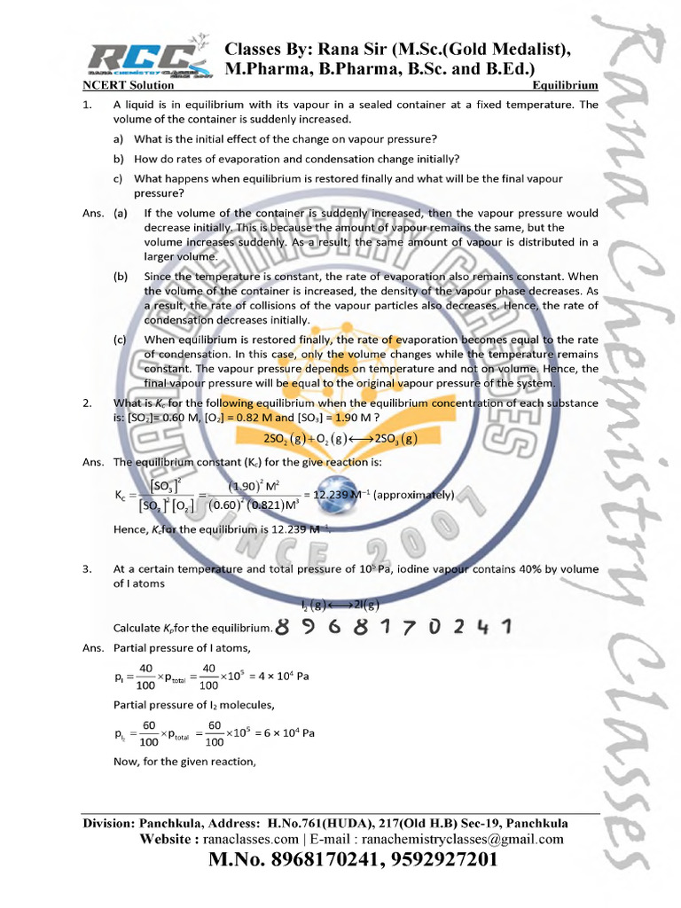 RCC NCERT Solution - Equilibrium 8968170241 i | PDF