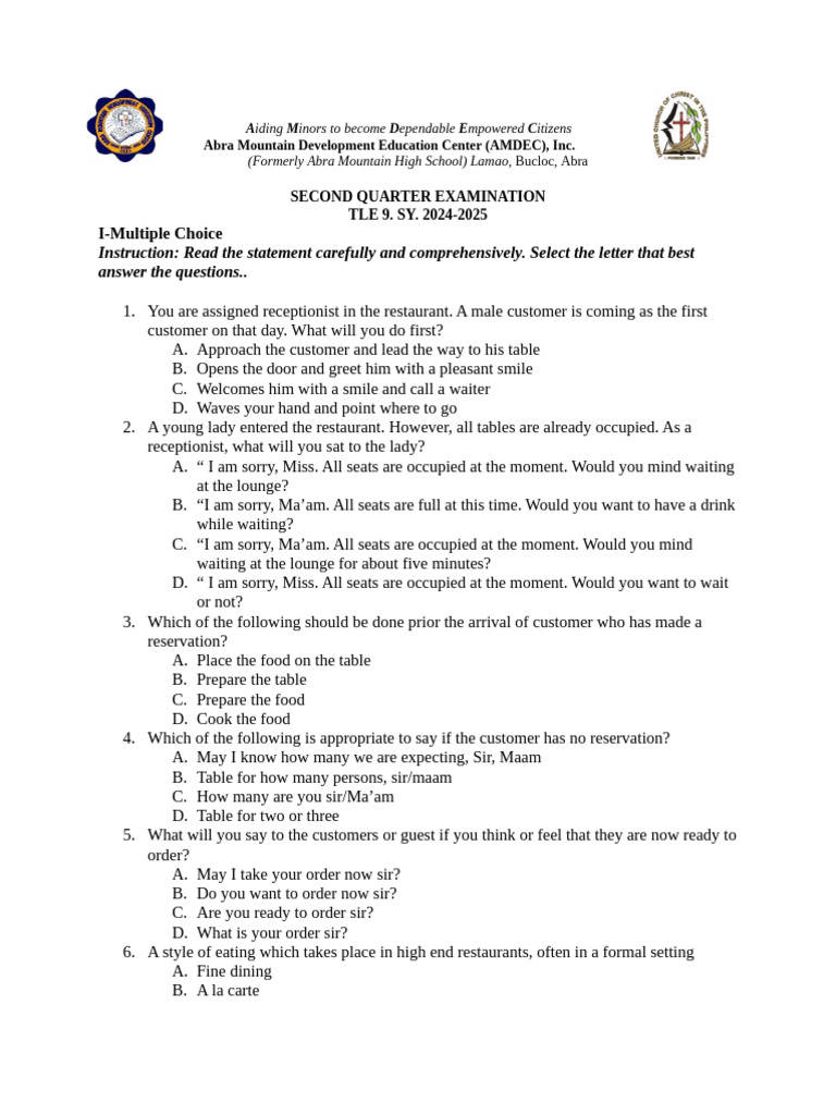 TLE 9 Exam: Restaurant Reception Skills | PDF | Drink | Restaurants